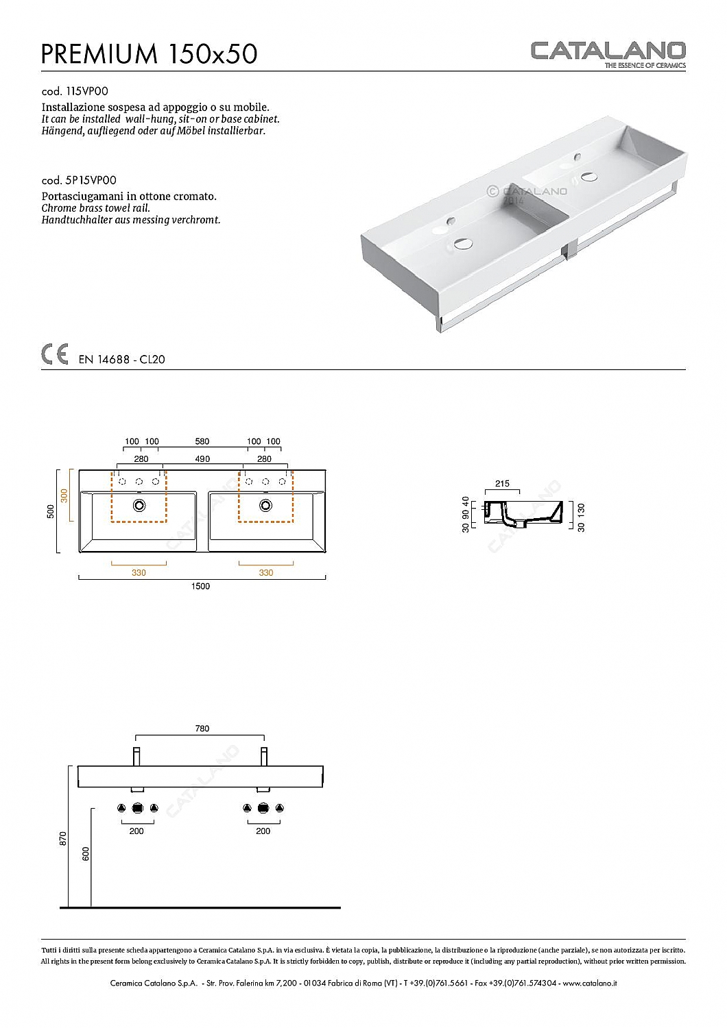 Catalano Premium 150 dubbele wastafel 150x50cm wit | Sanispecials.nl