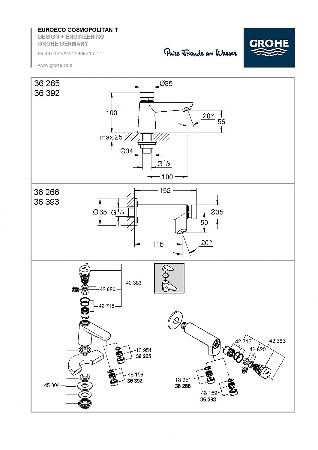 Grohe Euroeco Cosmopolitan T tapkraan zelfsluitend 1/2" blauw/rood ...