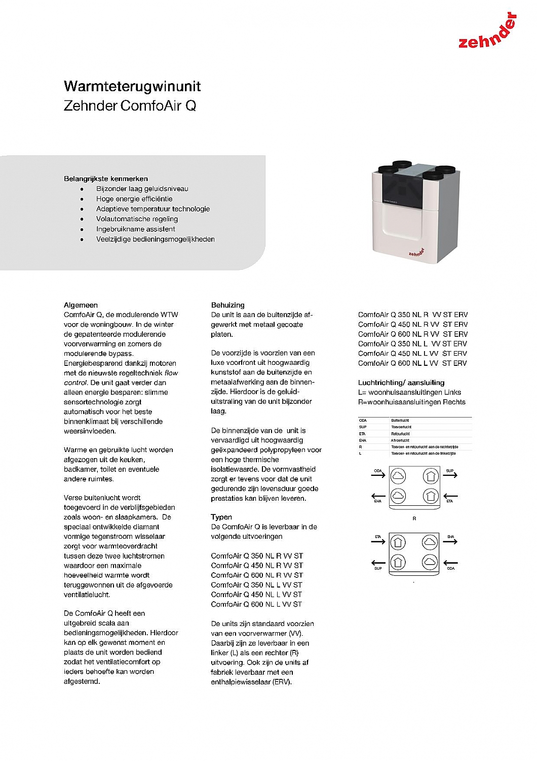 Zehnder ComfoAir Q450 R VV ST voor rechter uitvoering 471502061 | Sanispecials.nl