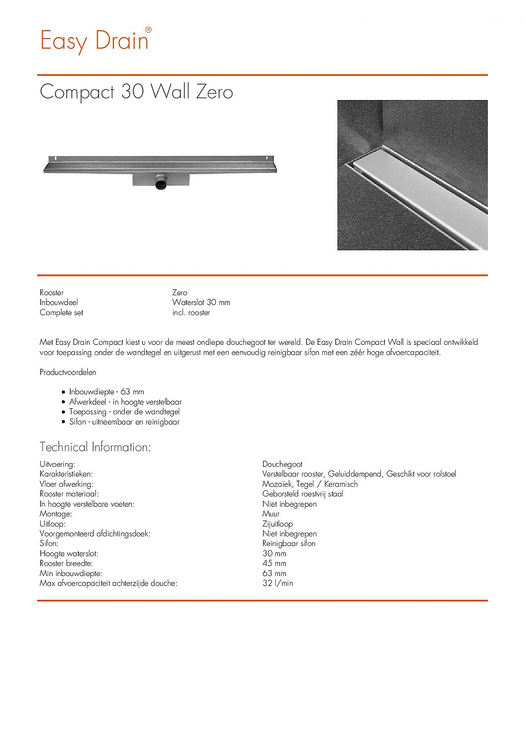 Easy Drain Compact 30 Wall Zero douchegoot 80cm RVS m. zijuitloop ...